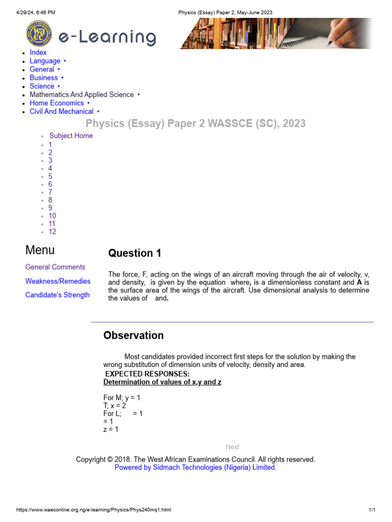 Wassce Waec 2023 Physics Paper 2 Past Questions and Answers PDF | PDF | Deformation (Engineering ...