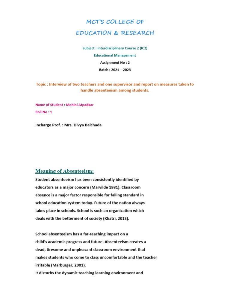 Addressing Student Absenteeism Issues | PDF | Teachers | Schools