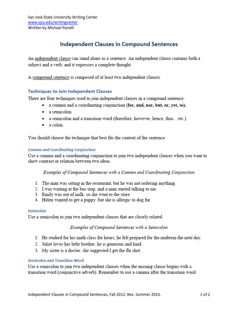 Independent Clauses in Compound Sentences | PDF | Grammar | Linguistics