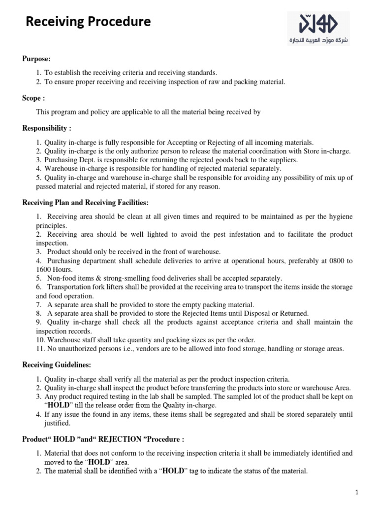 Receiving Procedure | Download Free PDF | Warehouse