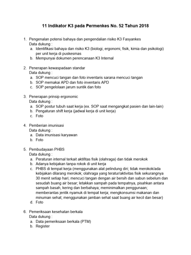 11 Indikator K3 Pada Permenkes No | PDF