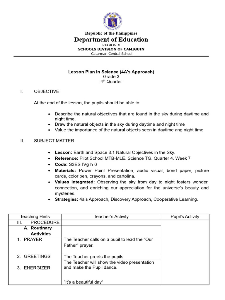 Semi detailed Bisaya Lesson-Plan-in-Grade 3 Science | PDF | Sky | Teachers