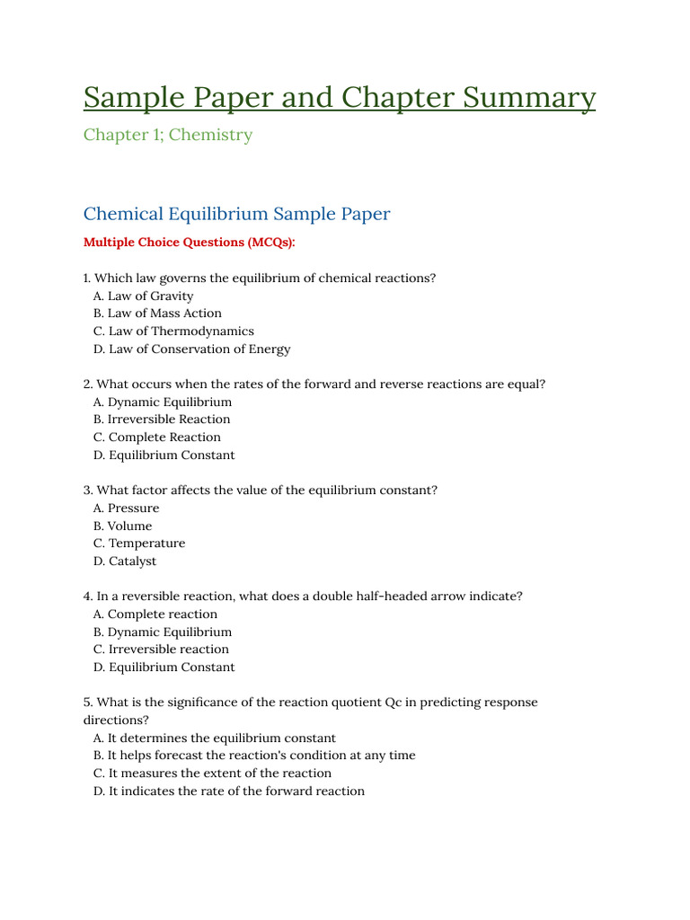Chemical Equilibrium Sample Paper | PDF | Chemical Equilibrium ...