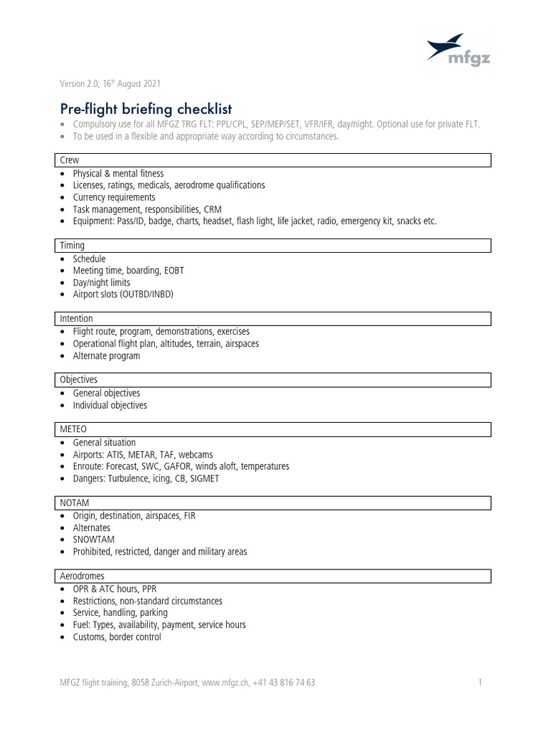 Mfgz Pre Flight Briefing Checklist v20 | PDF