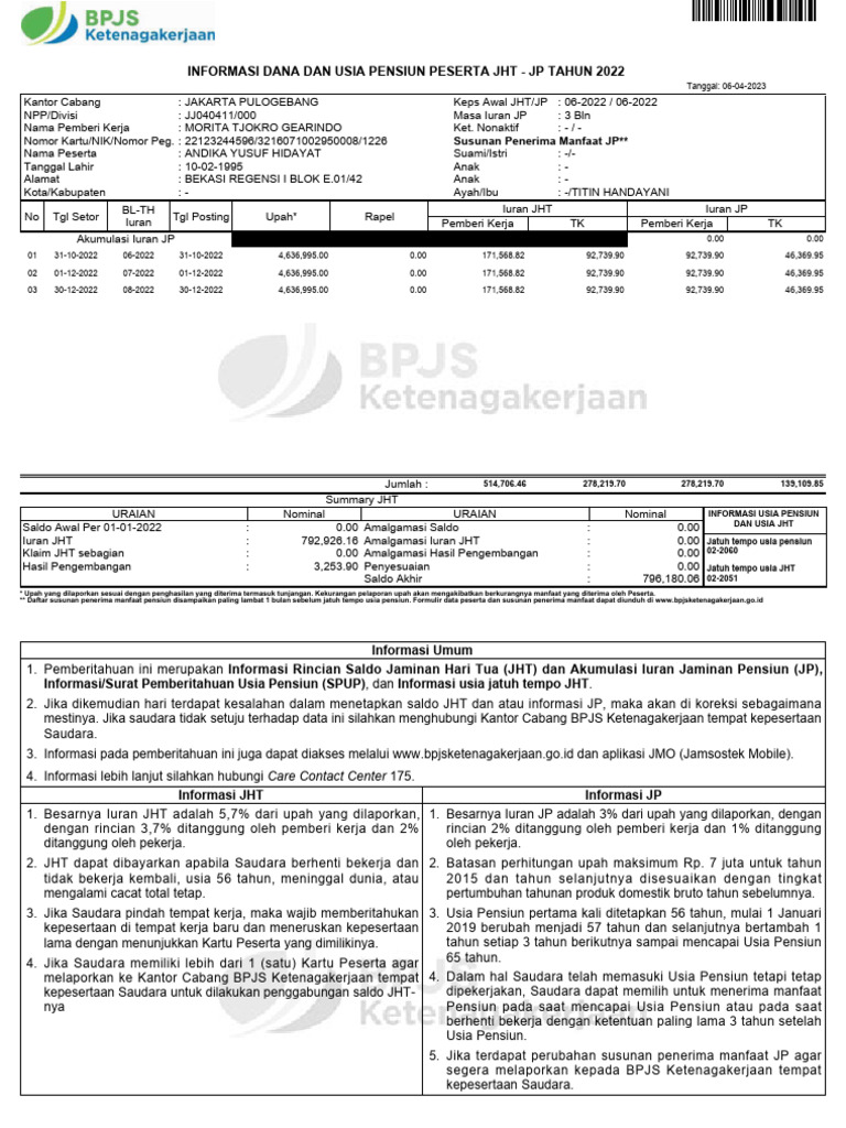 Rincian Saldo JHT Dan Informasi JP | PDF