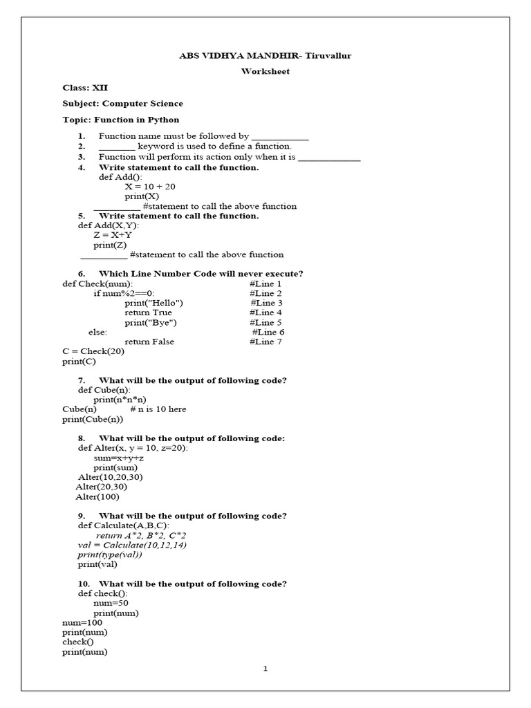 functions_worksheet_2024-25 | PDF | Function (Mathematics) | Computer Programming