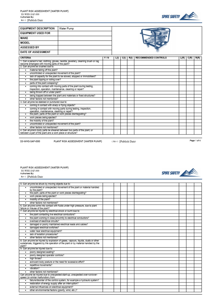 SS WHS SAF 000 Plant Risk Assessment Water Pump 1 | PDF | Water | Safety
