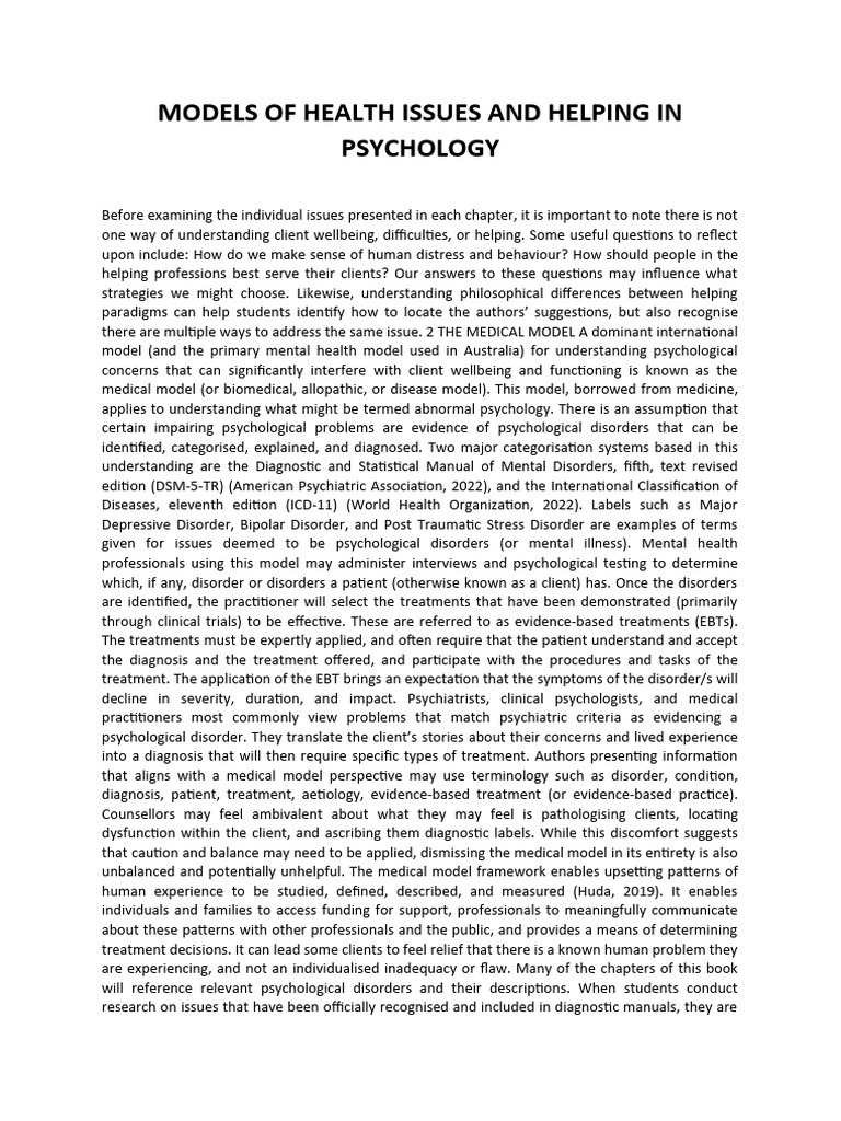 Models of Health Issues and Helping in Psychology | PDF | Mental ...