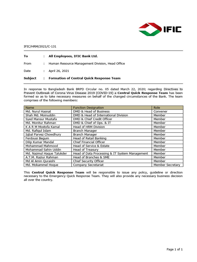 IFIC Central Quick Response Team1 | PDF | Finance & Money Management