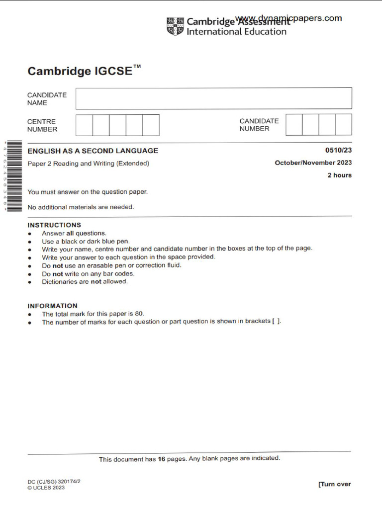 Eng 2024 Igcse Past Paper Sample | PDF