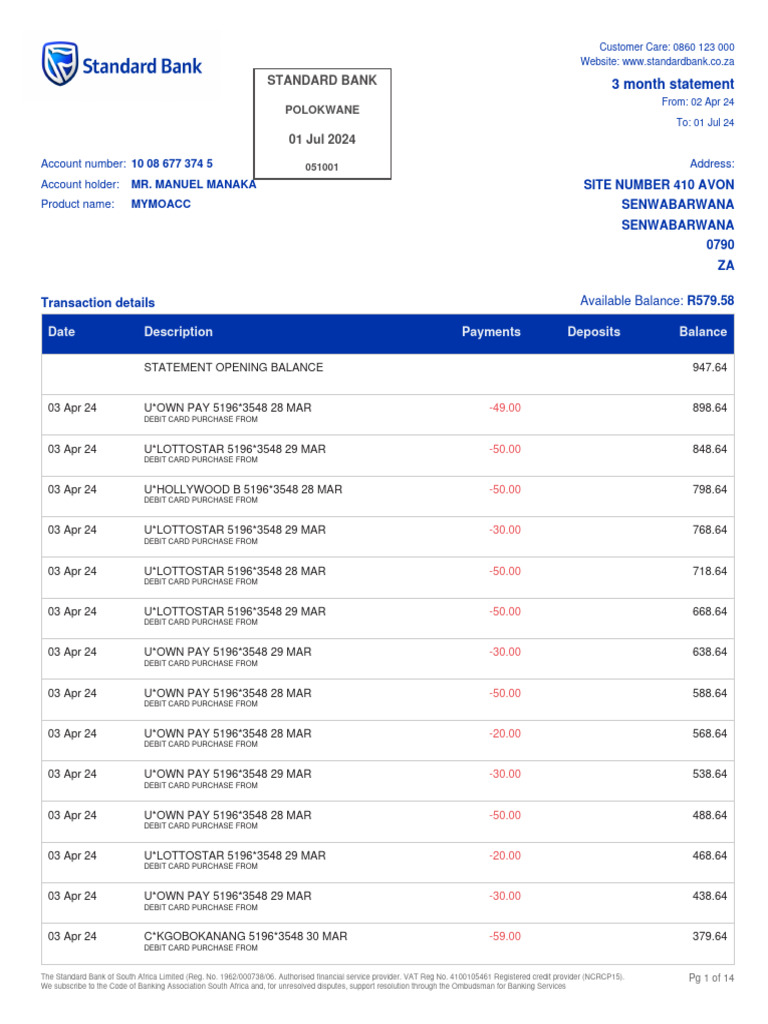 Standard Bank Account Statement Summary | PDF | Prepaid Mobile Phone ...