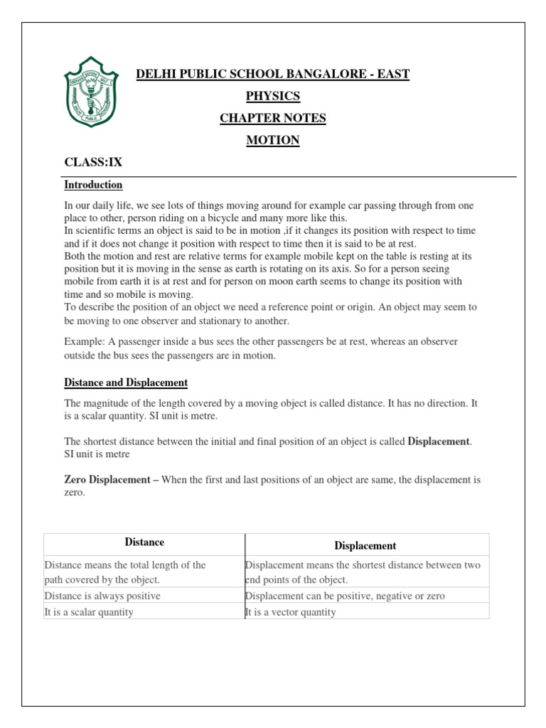 Class IX Physics: Motion Chapter Notes | PDF | Velocity | Speed