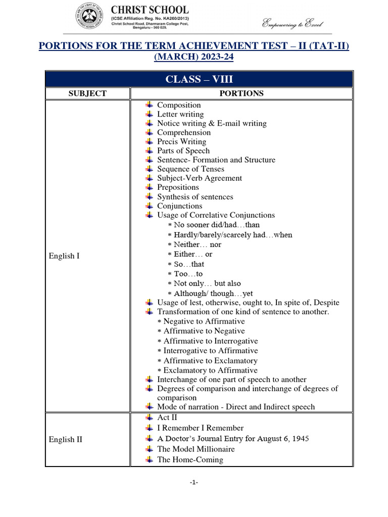 Class 8_ TAT-II_ Portions_2024 | Download Free PDF | Map | Chemical ...
