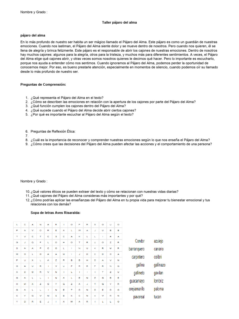 Taller Pájaro Del Alma Cuarto y Quinto | PDF | Alma | Las emociones