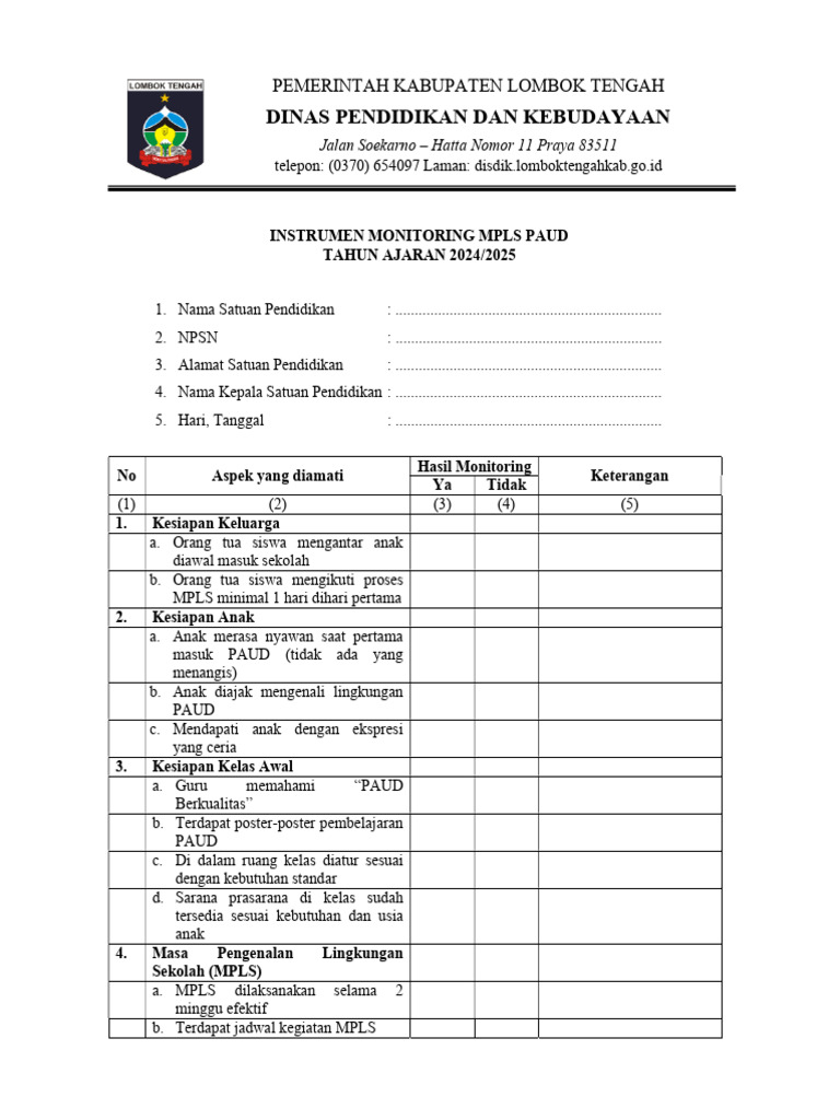Instrumen MPLS PAUD Dikbud Kab Lombok Tengah Tahun 2024 | PDF | Kesehatan Holistik
