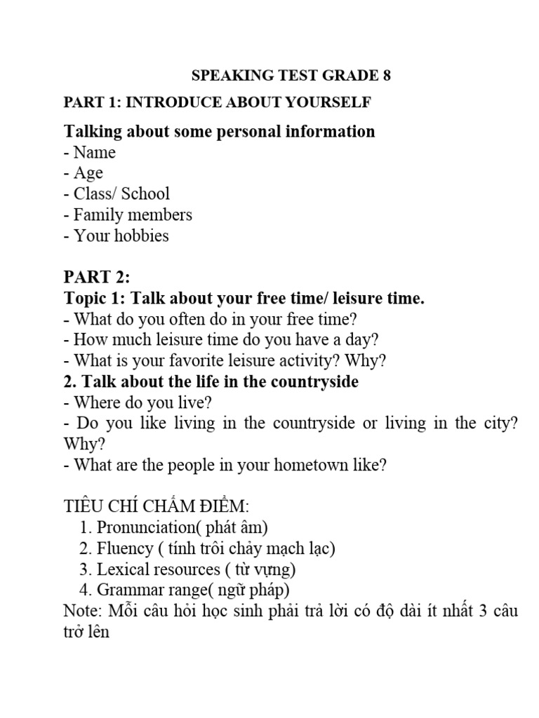 Grade 8 Speaking Test Guidelines | PDF