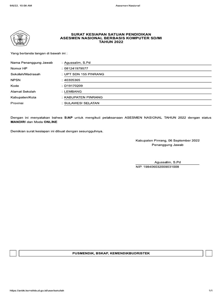 Surat Kesiapan Anbk 2 | PDF