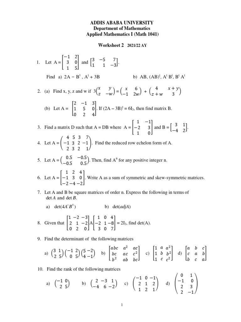 Applied Math IMath 1041 Workseet II | PDF | System Of Linear Equations | Matrix (Mathematics)