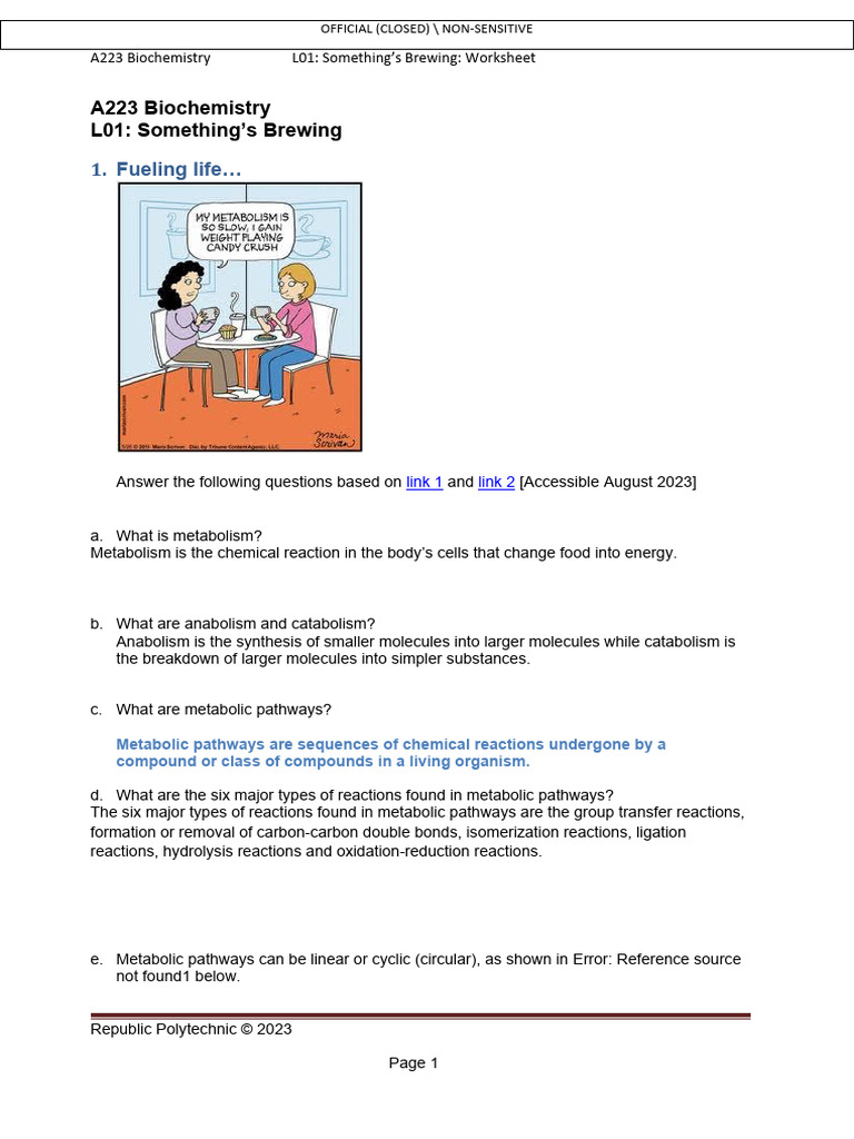 AY 2023 Sem 2 A223 L01 Worksheet | PDF | Glycolysis | Metabolic Pathway
