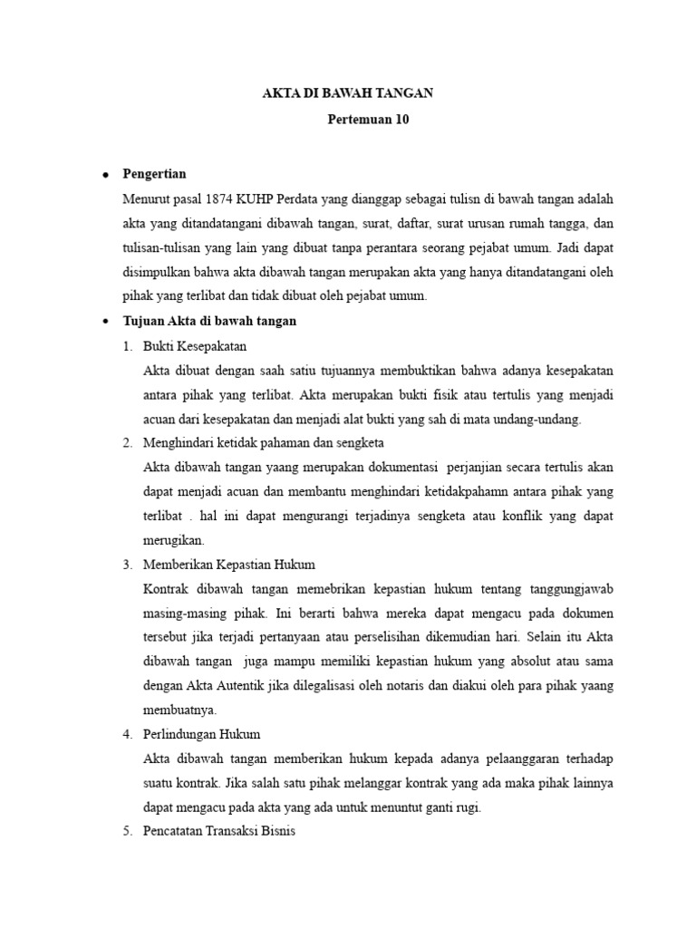 AKTA DI BAWAH TANGAN - Pertemuan 10 | PDF | Hukum
