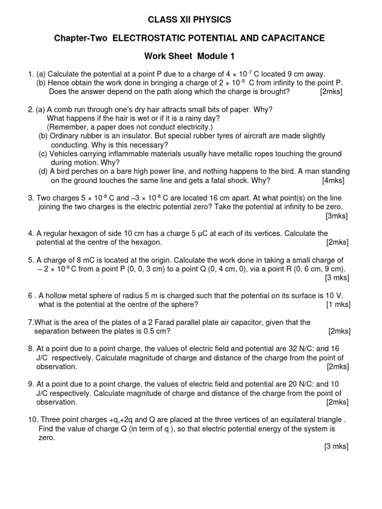 WORK SHEET CLASS XII PHYSICS CHAPTER 2 Electrostatic Potential and Capacitance MODULE -1 JUNE ...