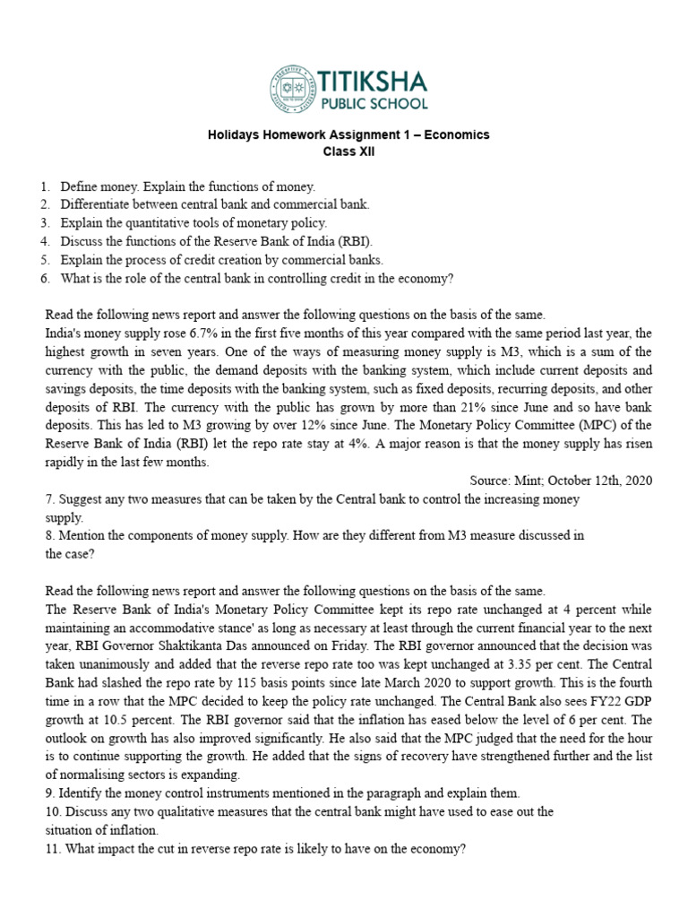 Economics HHW 2024 Assignment 1 | PDF | Reserve Bank Of India | Money Supply