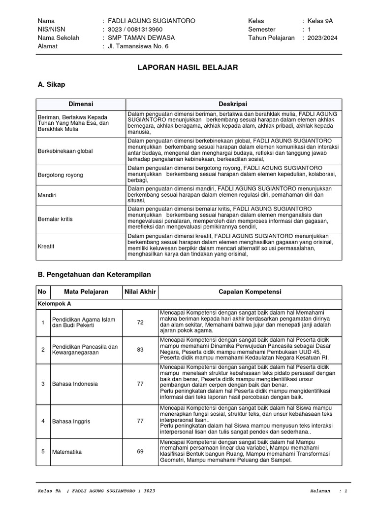 Rapor Siswa Rega | PDF