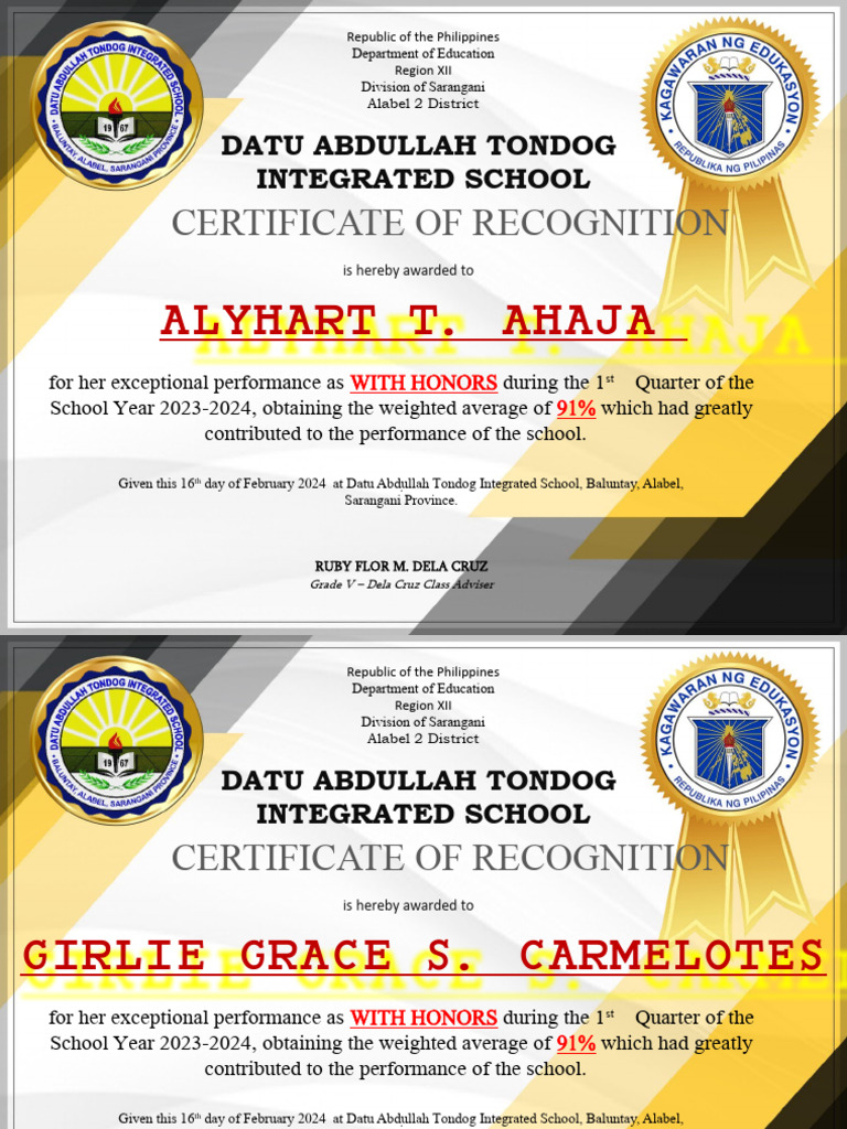 2023-2024 Quarterly Certifcates | PDF | Philippines