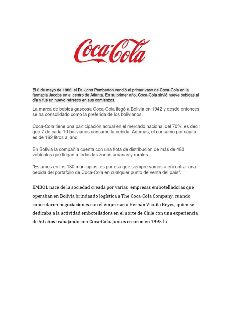 Coca-Cola en Bolivia: Historia y Impacto | PDF | Coca Cola | Bolivia