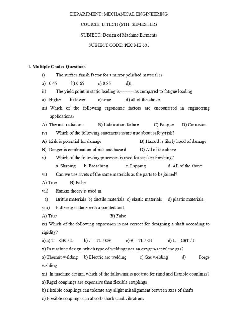 Suggestion - Design of Machine Elements - B.tech - 6th Sem | PDF | Mechanics | Solid Mechanics