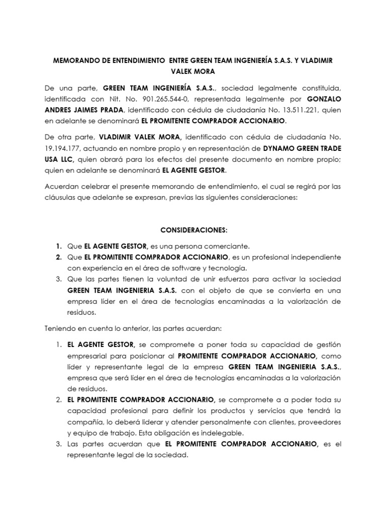 Memorando de Entendimiento - Green Team | PDF