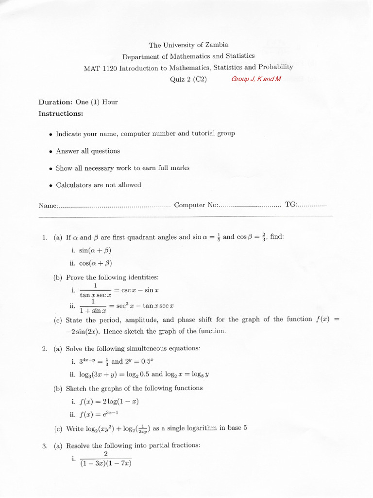 Mat1120 Quiz 2 Group J, K and M Solutions | PDF | Mathematics