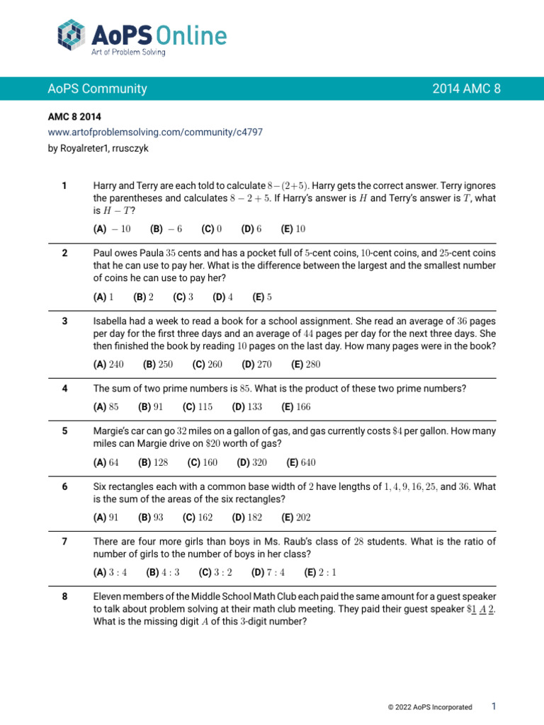 2014 AMC | Download Free PDF | Area | Mathematics