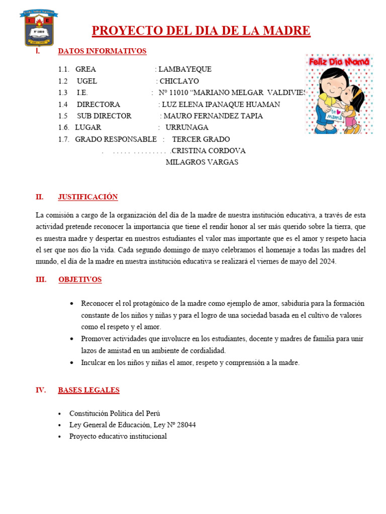 Proyecto Día de la Madre 2024 en I.E. Melgar | PDF | Ciencias sociales ...