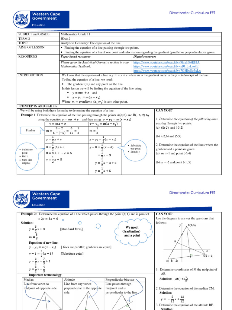 Fet T2 Week 2 Grade 11 Mathematics Analytical Geometry Pdf Line