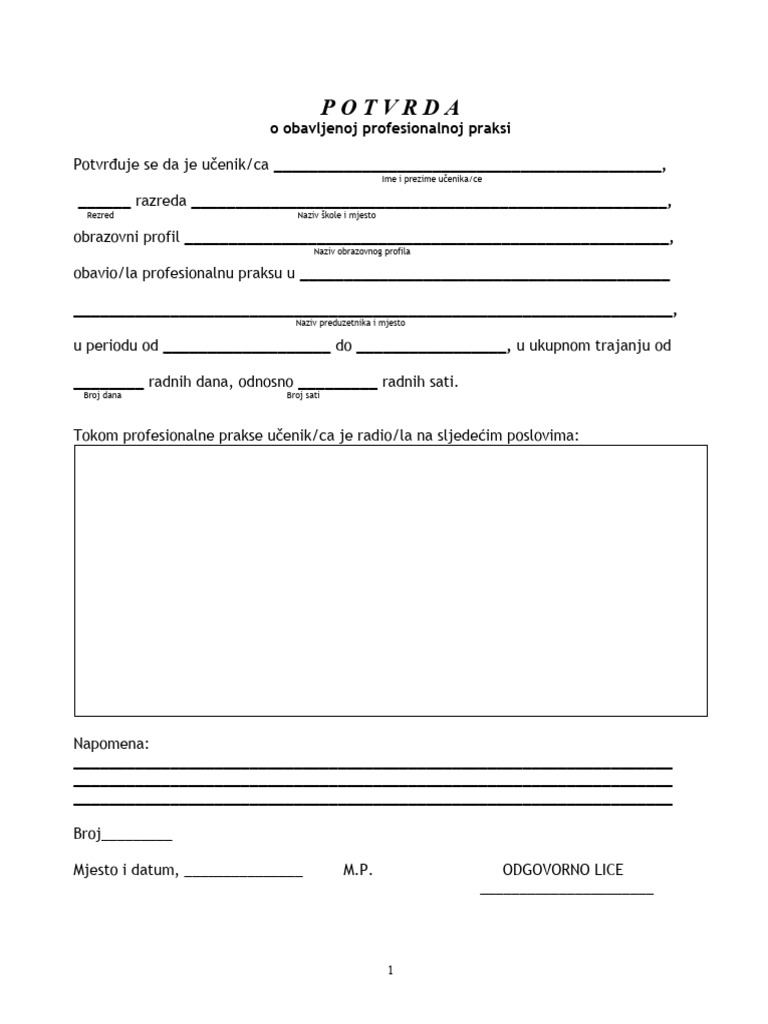 Potvrda o Obavljenoj Profesionalnoj Praksi | PDF