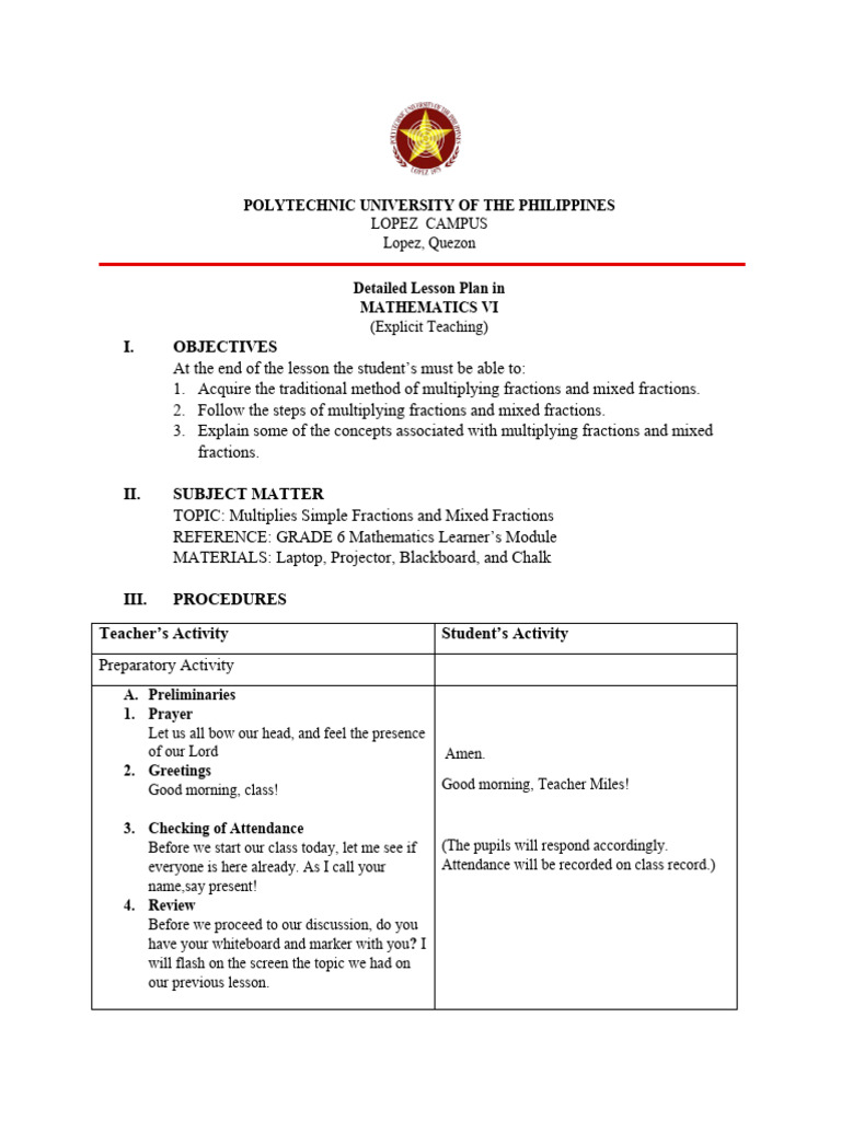 Detailed Lesson Plan: Multiplying Fractions | PDF | Learning | Cognition