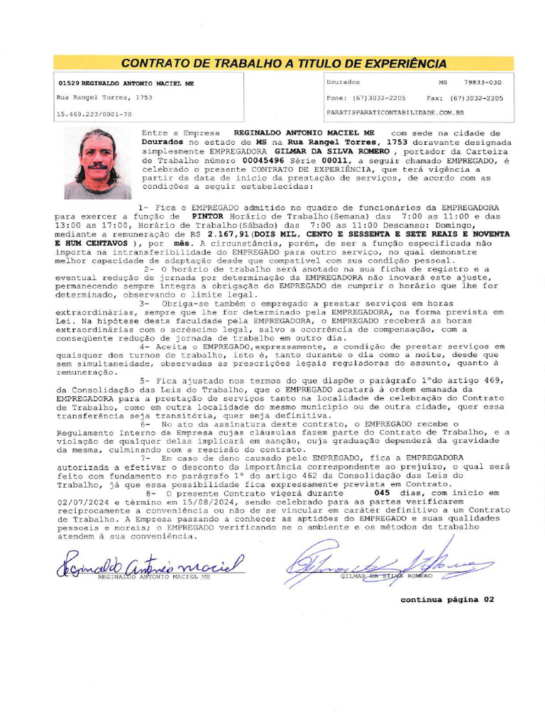 Contrato de Trabalho - Gilmar Da Silva Romero - Reginaldo | PDF