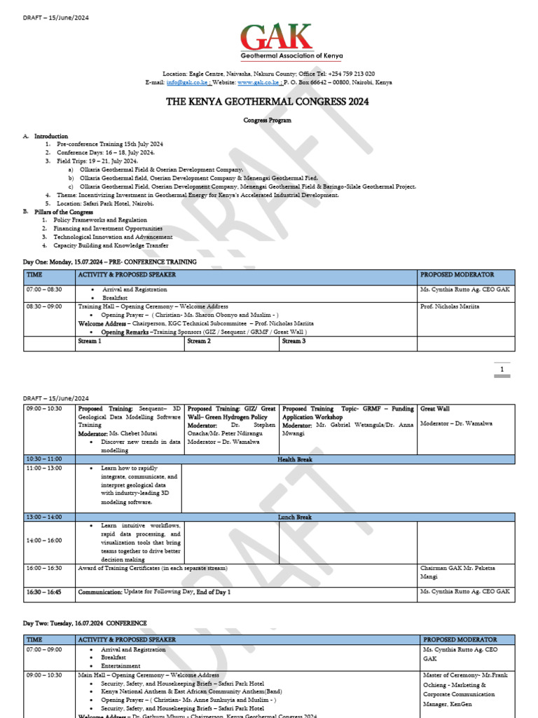 KGC 2024 Program Draft 29th June 2024-01 | Download Free PDF | Kenya | Geothermal Energy