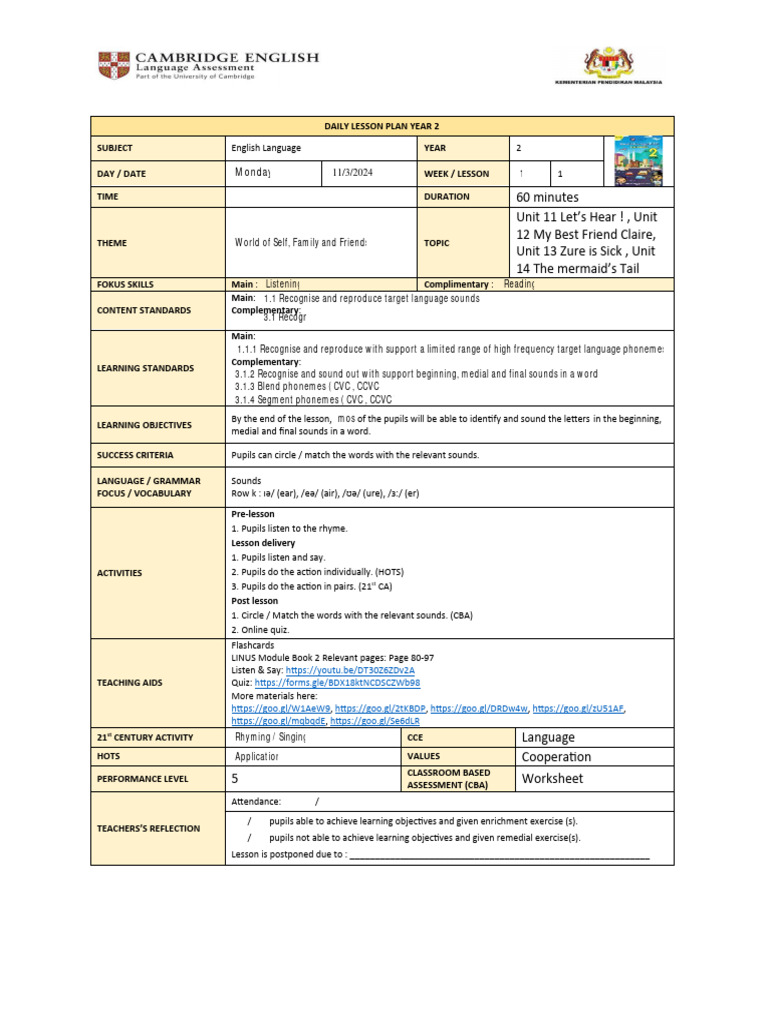 RPH Bi Year 2 V2 (L1-11 Phonic) | PDF | Lesson Plan | Teachers