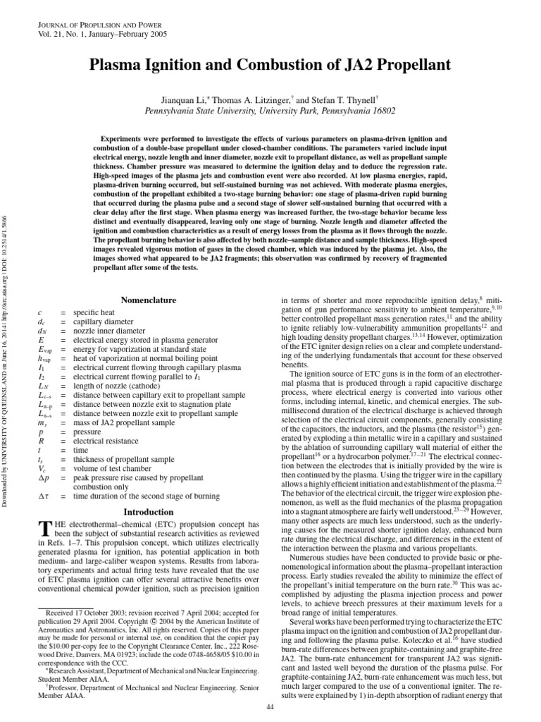 Plasma Ignition and Combustion of JA2 Propellant | PDF | Combustion ...