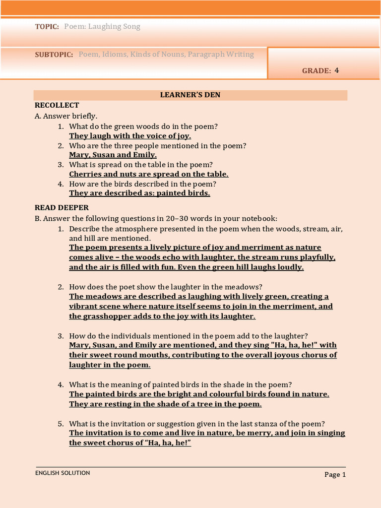 Grade 4 - English - Lesson 1- Laughing Song | PDF | Noun