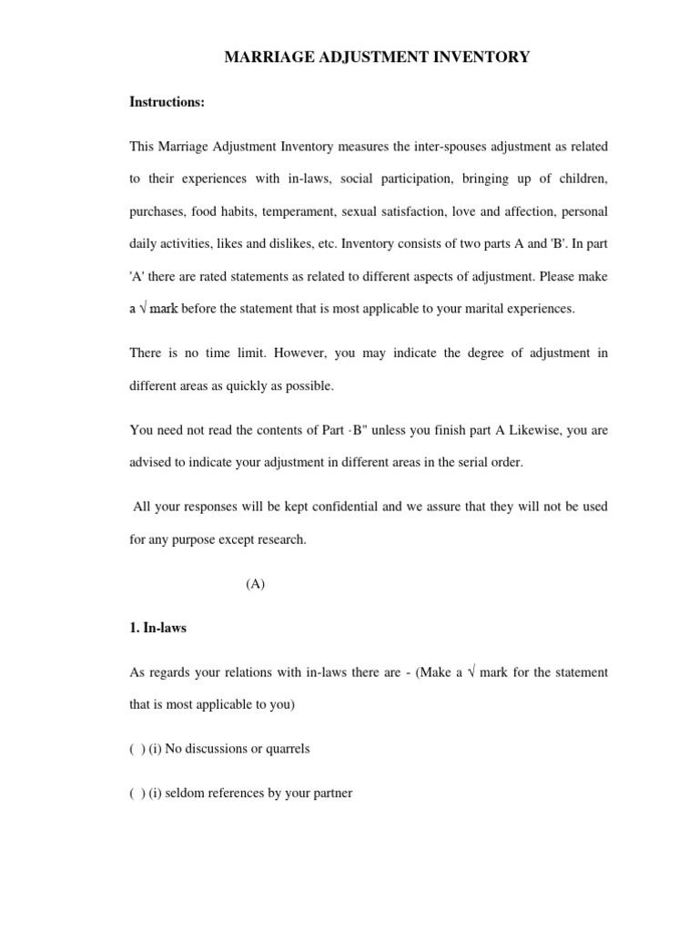 MARRIAGE ADJUSTMENT INVENTORY | Download Free PDF | Marriage | Family