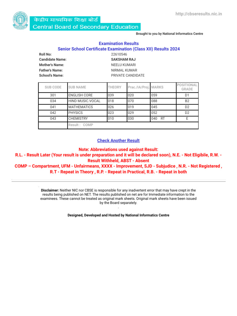 Chhotu Result CBSE - Senior School Certificate Examination (Class XII) Results 2024 | PDF ...