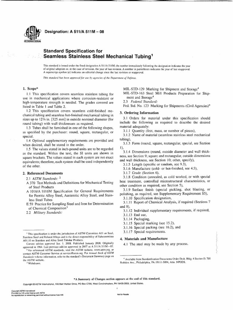 ASTM A511-A511M Standard Specification For Seamless Stainless Steel Mechanical Tubing | PDF ...