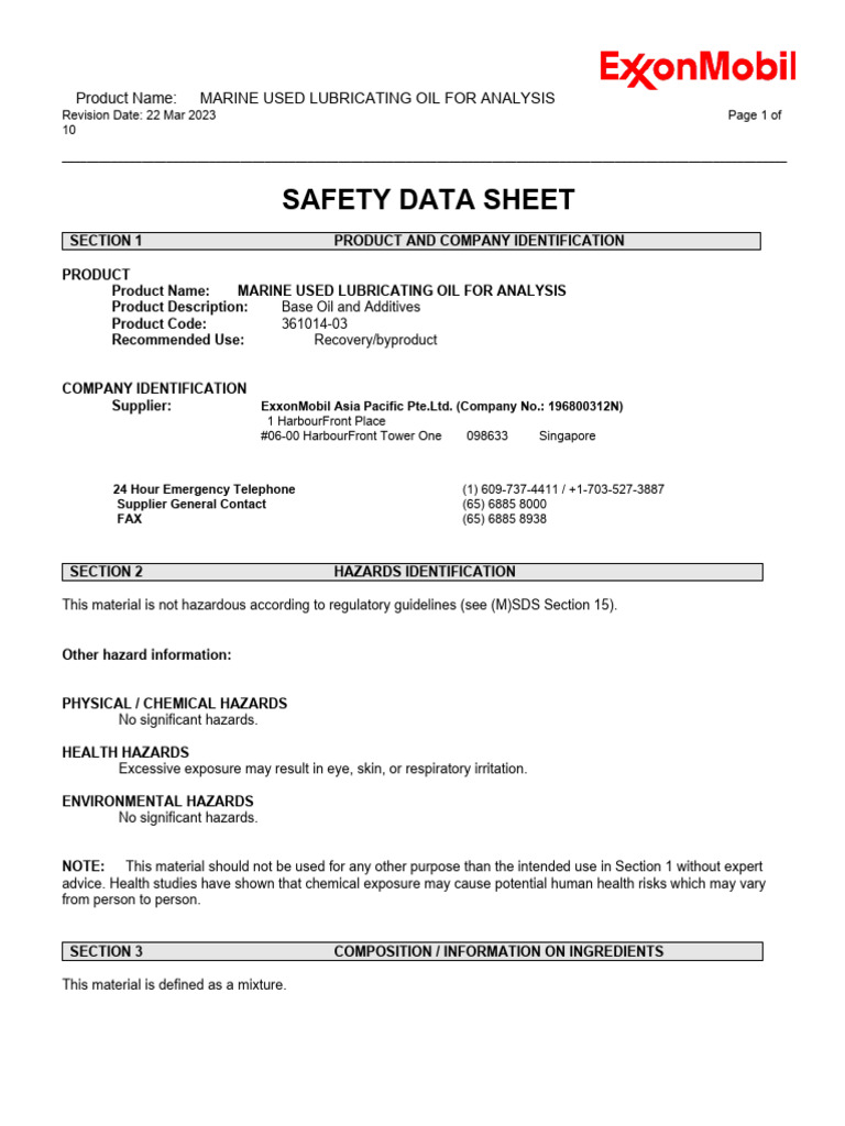 ExxonMobil Marine Oil Safety Data Sheet | PDF | Materials