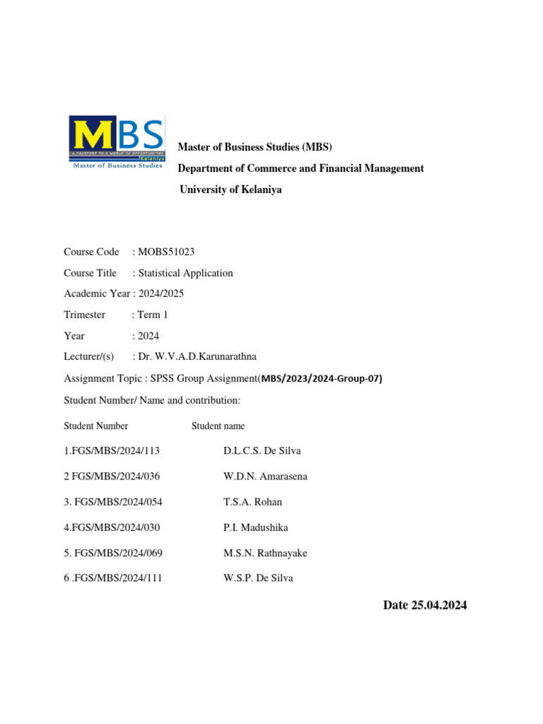 MBS Statistical Application SPSS Assignment | PDF