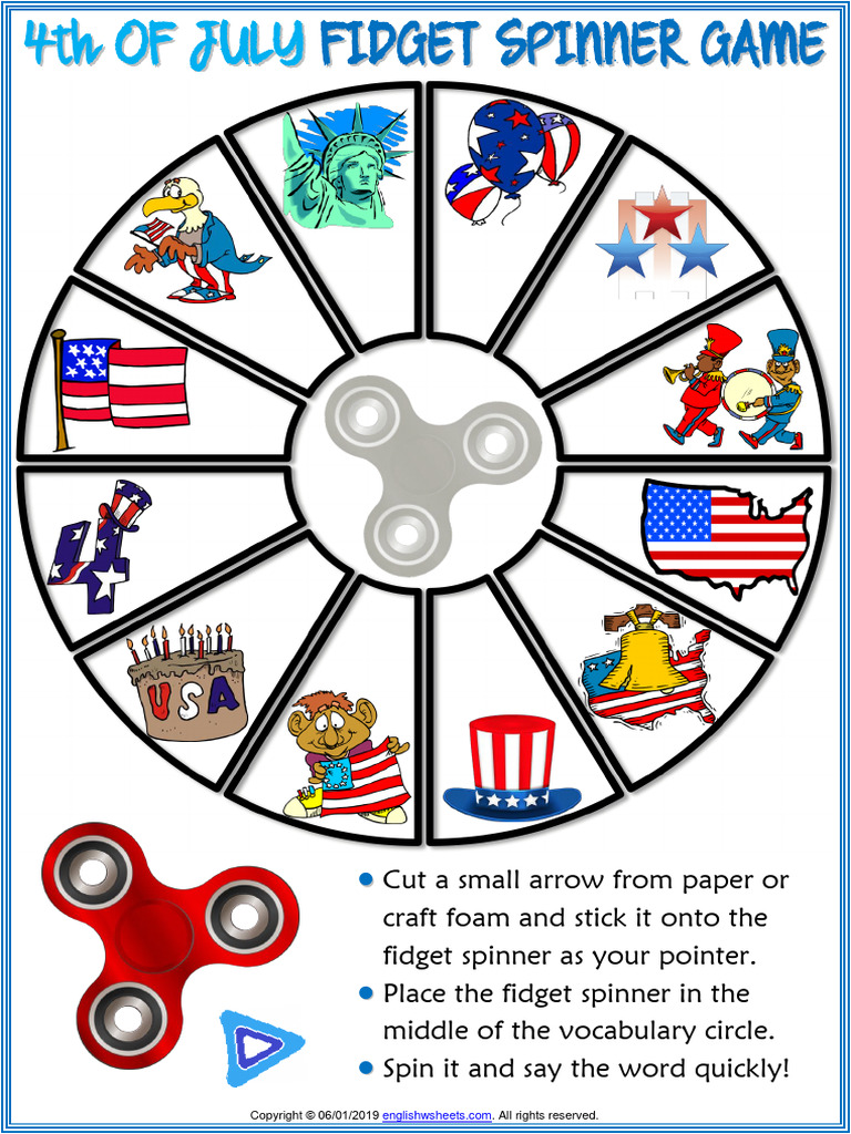 4th of July Vocabulary Esl Printable Fidget Spinner Game For Kids | PDF
