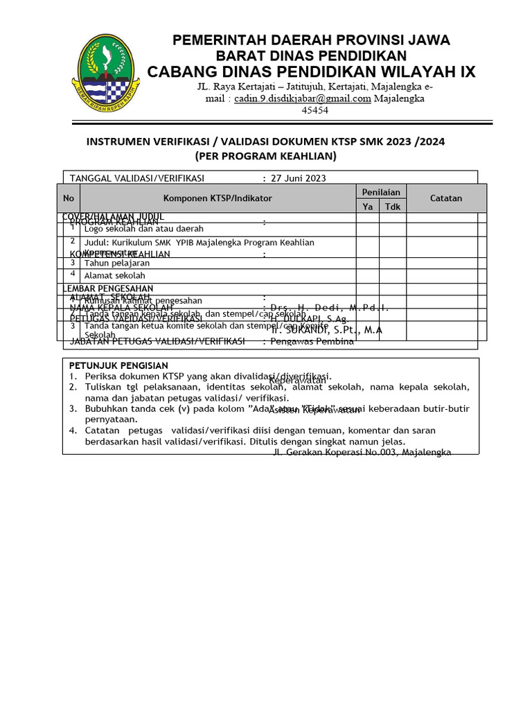 Instrumen Validasi KTSP SMK 2023 (Isi | PDF