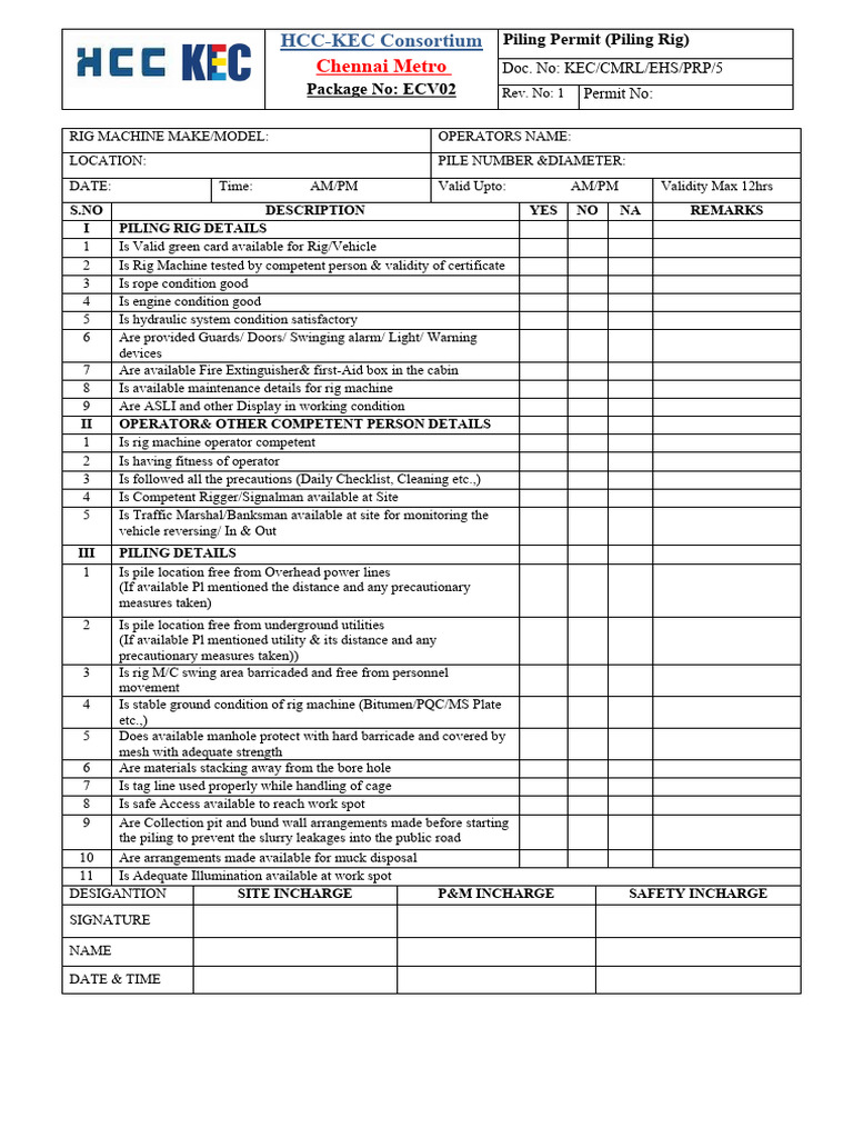 Piling Permit - Pile Rig (R1) - Kec | PDF